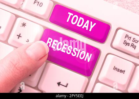 Hand writing sign Recession. Internet Concept the process of progressive decrease in growing ...