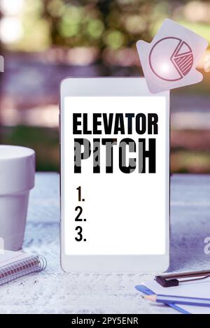 Hand writing sign Elevator Pitch, Business concept A persuasive sales ...