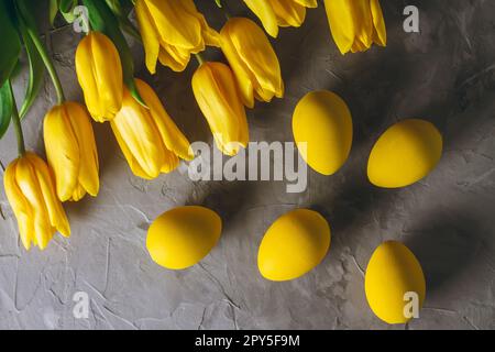Bright yellow tulips on gray concrete background. Top view, flat lay ...