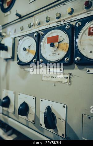 Vintage switch control panel with many buttons in factory manufacturing ...
