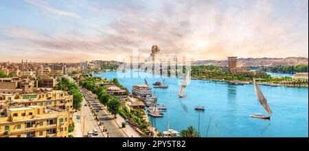 Skyline panorama of Aswan city on the way to the Great Sphinx and ...