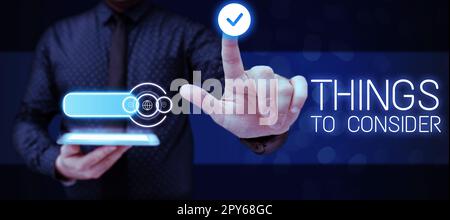 Text caption presenting Things To Consider. Business overview list to ...