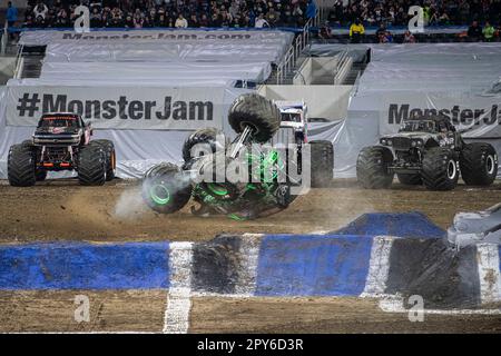 Tyler Menninga the driver of Grave Digger watches fellow truck driver ...