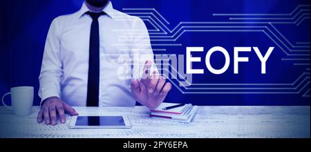 Text sign showing Eofy. Word Written on a mega sale held on an end of a ...