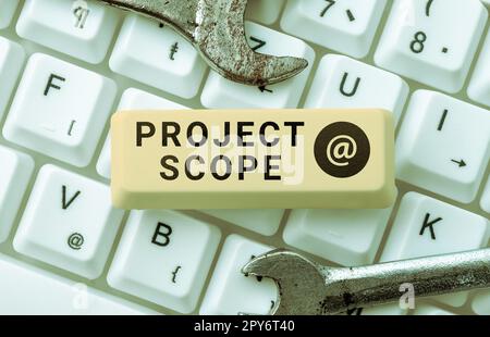 Text caption presenting Project Scope. Business idea evaluation of work efforts a product ...