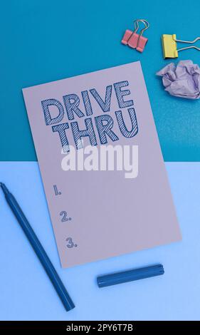 Sign displaying Drive Thru, Word for place where you can get type of ...