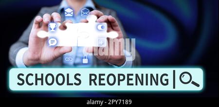 Sign displaying Schools Reopening. Concept meaning classes are over for ...