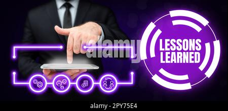 Text caption presenting Lessons Learned, Concept meaning Promote share ...