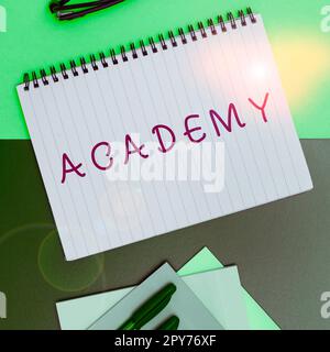 Hand writing sign Academy. Conceptual photo where students can go to ...
