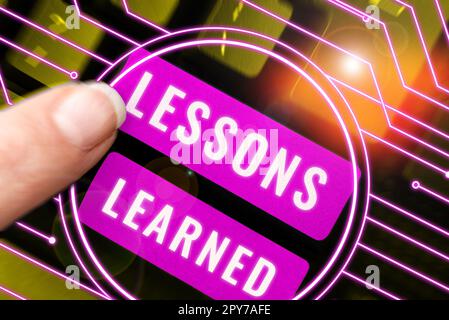 Text sign showing Lessons Learned. Business photo text the knowledge or understanding gained by ...