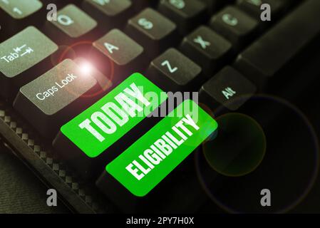 Text sign showing Eligibility. Business overview State of having the ...