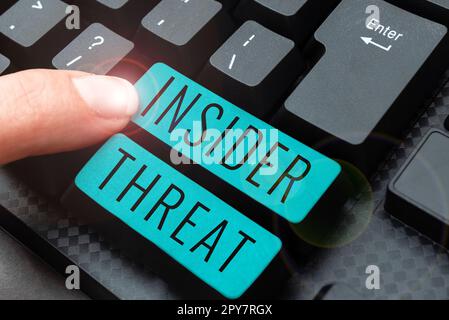 Hand writing sign Insider Threat. Word for security threat that ...
