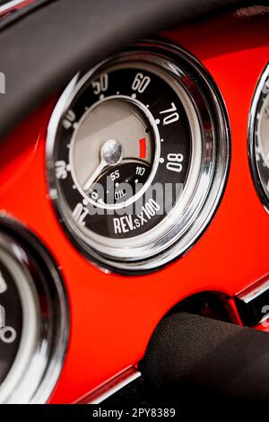 Vintage retro car dashboard with analog speedometer, tachometer and ...
