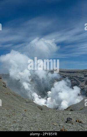 Aso, Japan - April 28, 2023: Mount Nakadake is one of the five peaks ...