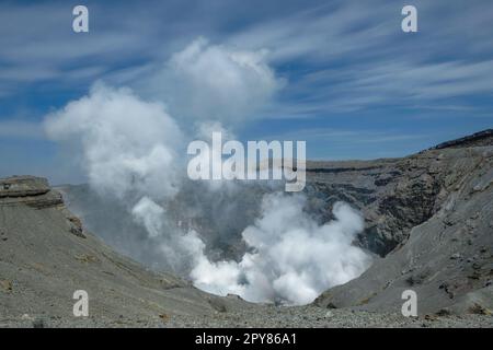 Aso, Japan - April 28, 2023: Mount Nakadake is one of the five peaks ...