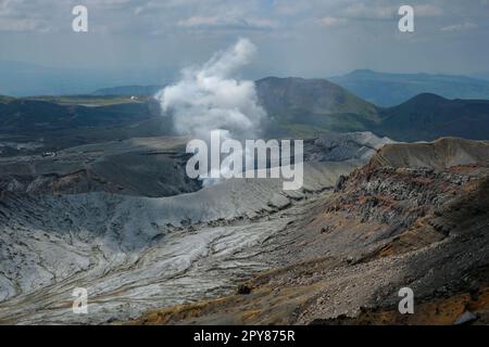Aso, Japan - April 28, 2023: Mount Nakadake is one of the five peaks ...