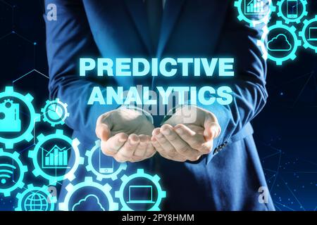Concept of predictive analytics. Businessman and different virtual ...
