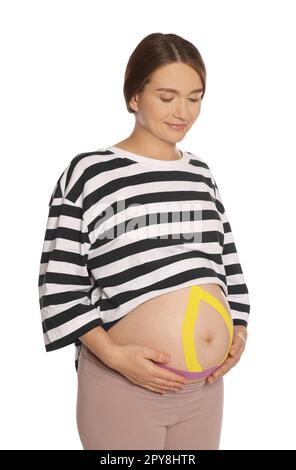 Beautiful pregnant woman with kinesio tape on her back. Back pain in ...