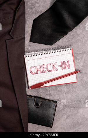 Writing displaying text Check In, Word Written on Procedure by which an ...