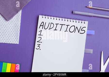 Text sign showing Auditions. Word Written on a trial performance to ...