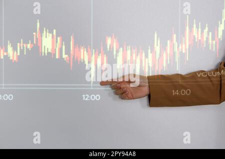 Closeup businesswoman's hand pointing at multicolor chart on ...