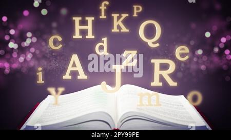 Open book with floating letters. 3D illustration Stock Photo - Alamy