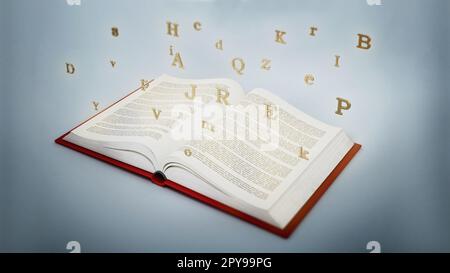 Open book with floating letters. 3D illustration Stock Photo - Alamy