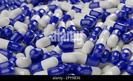 Bunch of blue white capsule pills on a white background - Medicine ...