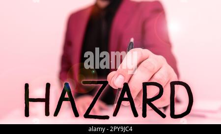 Hand writing sign Hazard. Word Written on account or statement ...