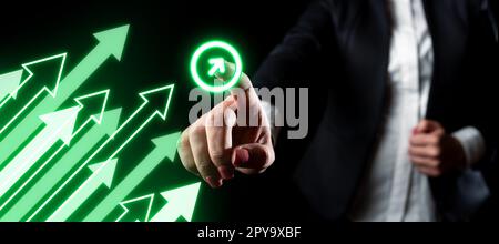 Lady In Suit Standing Pointing On virtual button. Showing Futuristic ...