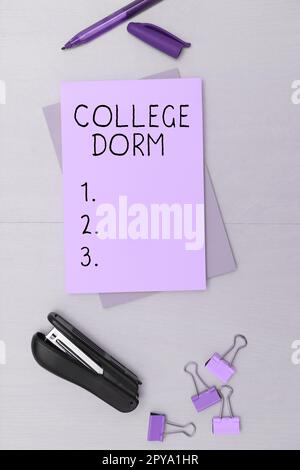 Sign displaying College Dorm. Word Written on residence hall providing ...
