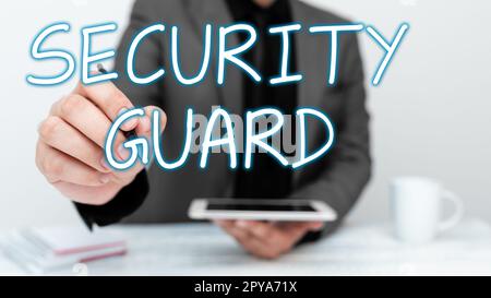 Conceptual caption Security Guard. Word Written on tools used to manage ...