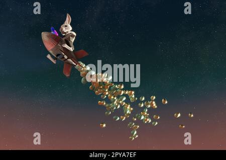 3D Illustration , Bunny Rocket Easter Design. Cute Rabbit flying to sky ...