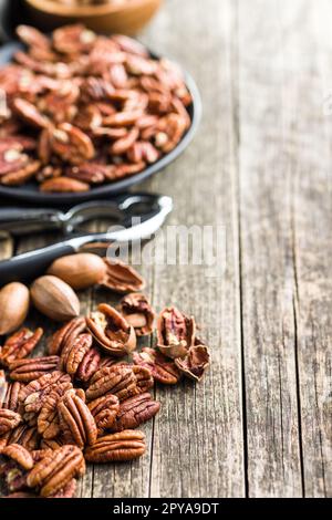 Pecan Nuts with Shell in Wooden Bowl / Walnuts. Organic Food Stock ...