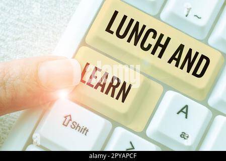 Hand writing sign Lunch And Learn, Word Written on Have meal and study ...