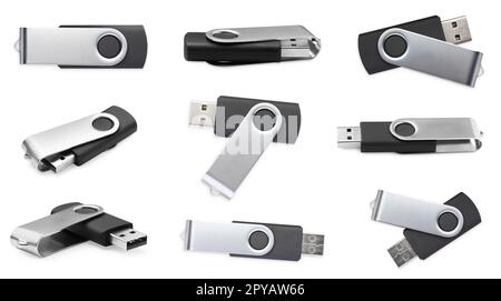 Set with modern usb flash drives on white background. Banner design ...