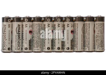 Packet of 10 Amazon basics AA batteries set on white background Stock ...