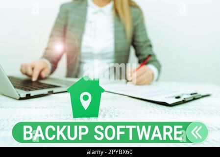 Conceptual caption Backup Software. Concept meaning create extra exact copies of files or entire ...