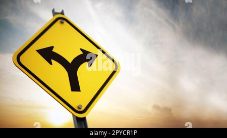 Road split sign on setting sun background. Decisions concept. 3D ...