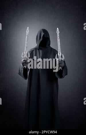 Dark knight with hooded cape and two swords over dark misty background ...