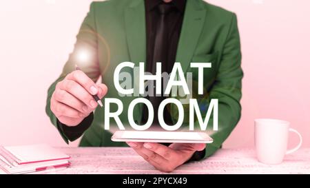 Hand writing sign Chat Room. Word for area on the Internet or computer ...