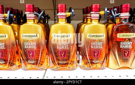 strong alcoholic beverages. cognac, rum, whiskey in glasses on the ...