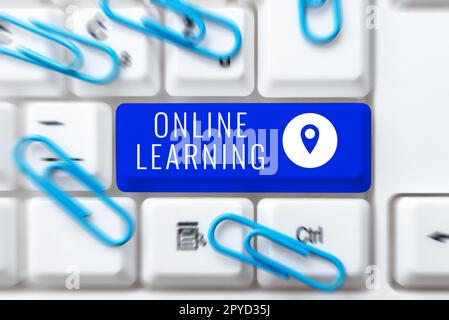 Text caption presenting Online Learning. Business approach Larning with ...
