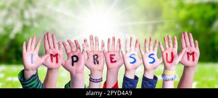 Children Hands Building Word Impressum Means Imprint, Grass Meadow ...