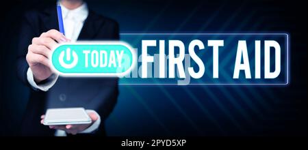 Text caption presenting First Aid. Concept meaning Practise of healing ...