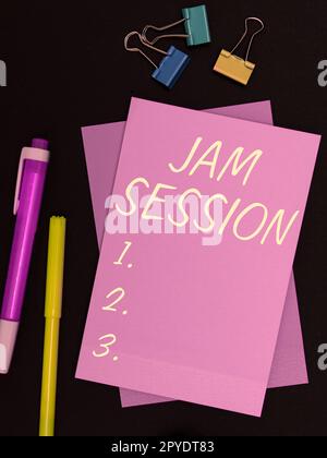 Hand writing sign Jam Session, Business idea impromptu performance by a ...