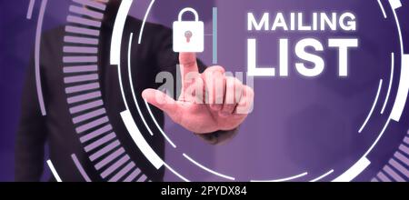Text caption presenting Mailing List. Business overview list of people ...