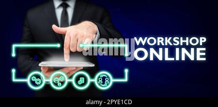 Hand writing sign Workshop Online. Business overview room or building ...