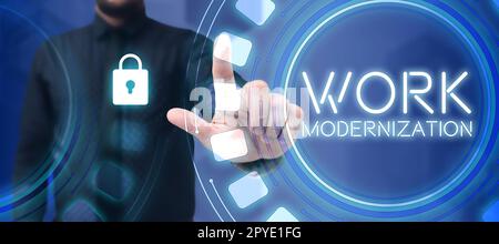 Hand writing sign Work Modernization. Word for changing product service ...