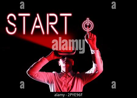 Hand writing sign Start, Concept meaning begin or be reckoned from ...